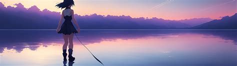 3840x1080 Resolution Anime Girl In Gradient Evening Ocean 3840x1080