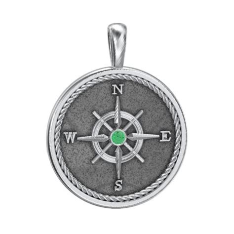 Sterling Silver Mens Engravable Compass Pendant With Gemstone And Emerald Simulated Stone Jewlr