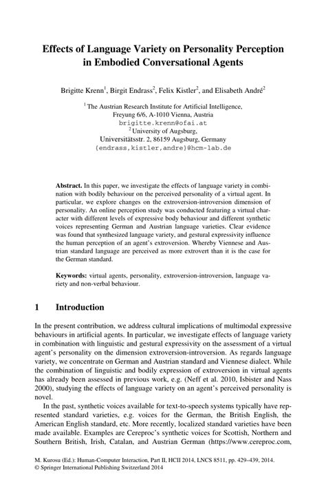Pdf Effects Of Language Variety On Personality Perception In Embodied Conversational Agents