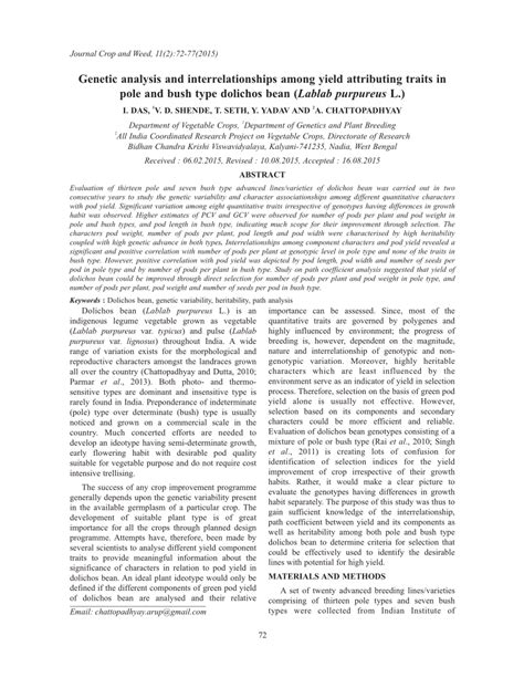 Pdf Genetic Analysis And Interrelationships Among Yield Attributing Traits In Pole And Bush