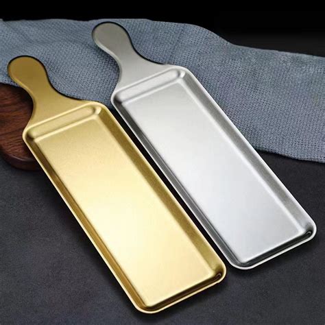 Stainless Steel Rectangular Plate Western Style Steak Plate Golden Flat Bottomed Barbecue Plate