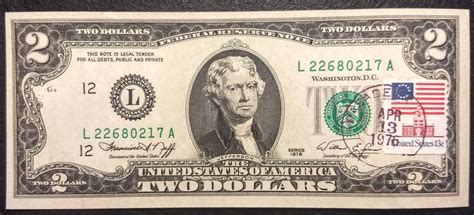 Vintage Crisp 1976 Bicentenial Note With Stamp And Postmark Two Dollar