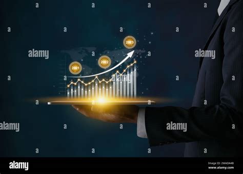 Stock Market Bar Chart Line Graph Trend And 2023 Icon On Tablet In