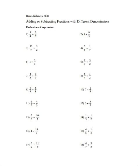 Addition And Subtraction Of Fractions Worksheets Common Core
