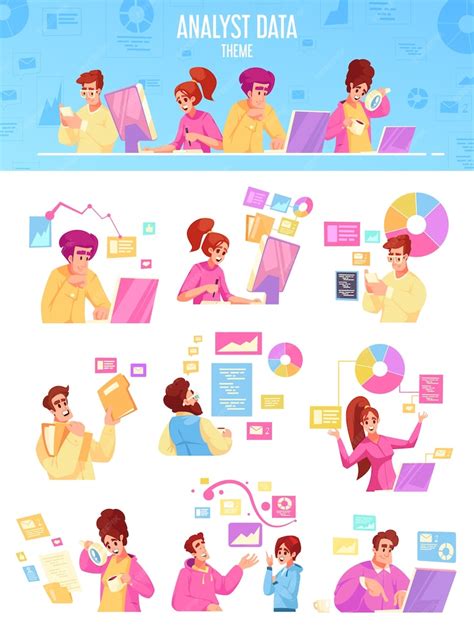 Hand Drawn Flat Analyst Data Icons With Illustration Set Premium Vector