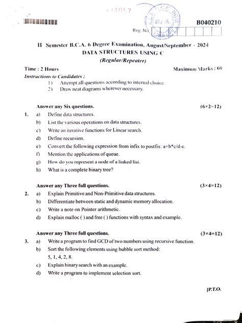 Bca 2nd Sem Data Structures Exam Paper Pdf Algorithms And Data