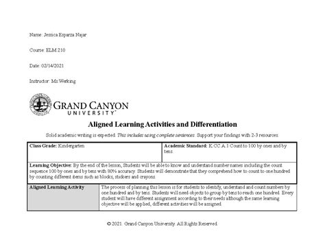 Aligned Activities And Differentiation Template Name Jessica Esparza