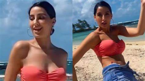 Viral Nora Fatehi Strapless Bralette And Beach Dance