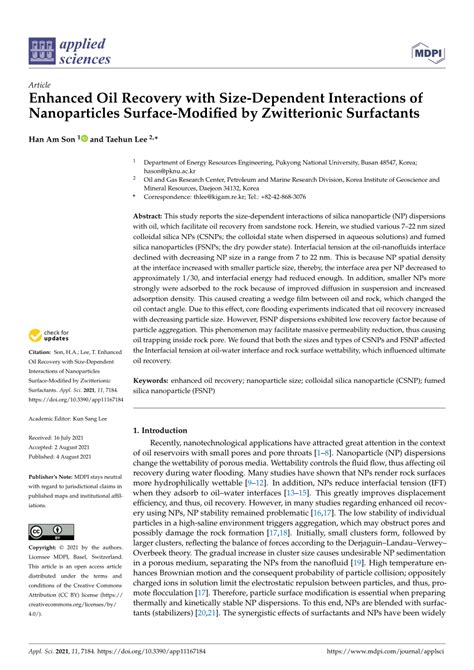 Pdf Enhanced Oil Recovery With Size Dependent Interactions Of Nanoparticles Surface Modified