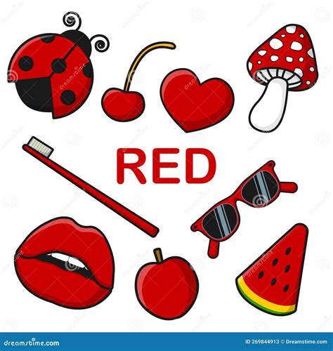 Set Of Illustrations In Red Color Vector Clipart Stock Vector