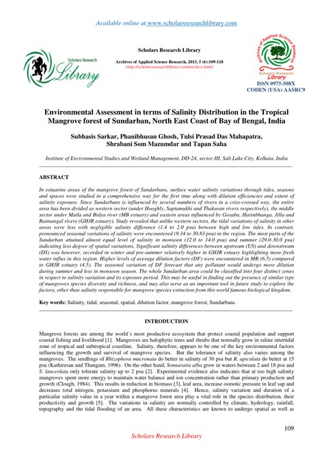 Pdf Environmental Assessment In Terms Of Salinity Distribution In The Tropical Mangrove Forest