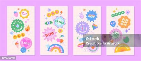 90년대 스타일의 패치와 스티커가 있는 벡터 인스타 스토리 템플릿 0명에 대한 스톡 벡터 아트 및 기타 이미지 0명 강렬하고 밝은 색상 개념 Istock