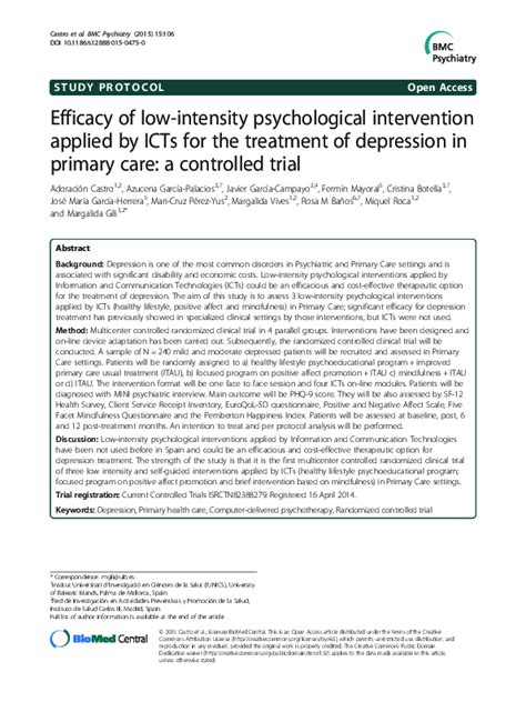 Pdf Efficacy Of Low Intensity Psychological Intervention Applied By Icts For Treatment Of
