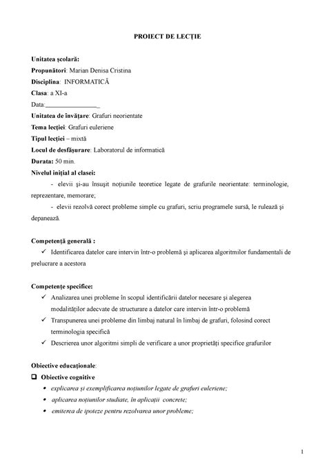 Proiect Lectie Structuri De Date Grafuri Euleriene Informatica 1