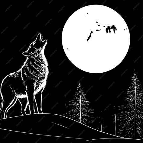 Wolf Howl At Full Moon Line Art Vector Illustration Premium Ai
