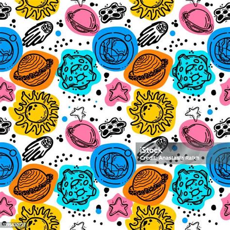 행성 혜성 소행성 및 별의 원활한 패턴 손으로 그린 요소는 스케치 스타일로 손으로 그린 낙서입니다 태양 별들 흰색 배경에 밝은 반점이있는 태양계 검은색에 대한 스톡 벡터