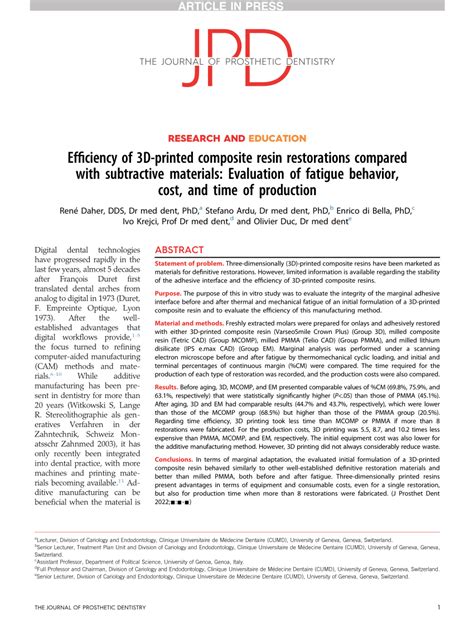 Pdf Efficiency Of 3d Printed Composite Resin Restorations Compared