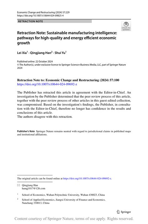 Retraction Note Sustainable Manufacturing Intelligence Pathways For