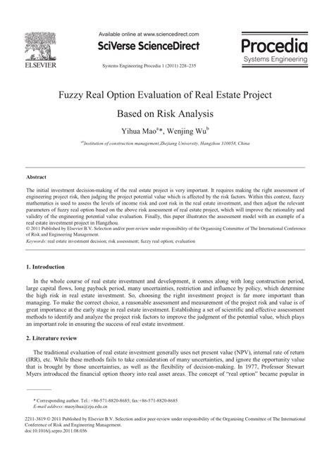 pdf fuzzy real option evaluation of real estate project based on risk
