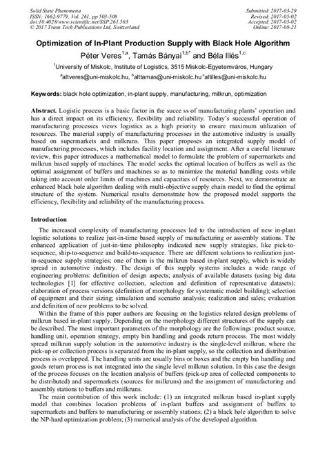 Optimization Of In Plant Production Supply With Black Hole Algorithm Scientific Net