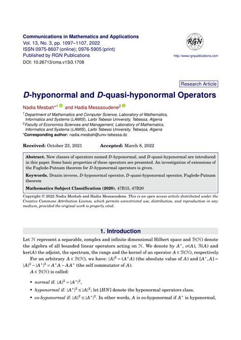 Pdf D Hyponormal And D Quasi Hyponormal Operators