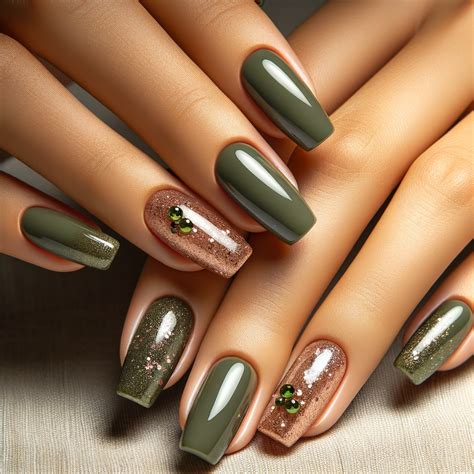 Glamorous Olive Green Nails With Sparkling Glitter Accents In 2025