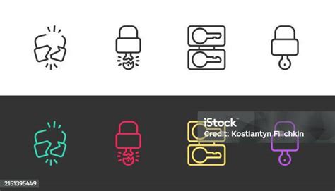 Set Line Broken Or Cracked Lock Key Broke Inside Of Padlock Casting Keys And Lock And On Black