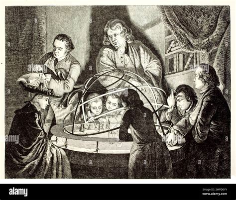 Antique Engraved Illustration Depicting An Astronomy Lesson With An