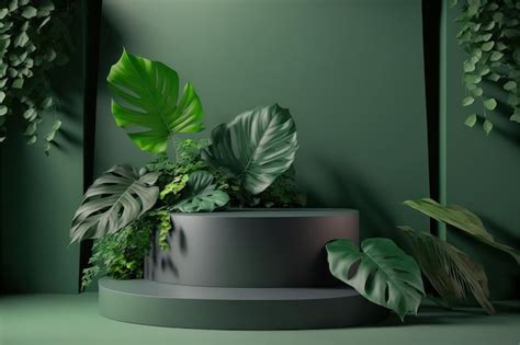 3d 배경 제품은 현대 전시회 또는 갤러리 3d 그림의 프레젠테이션을 위한 녹색 리프 기하학적 플랫폼 연단 받침대 레이아웃