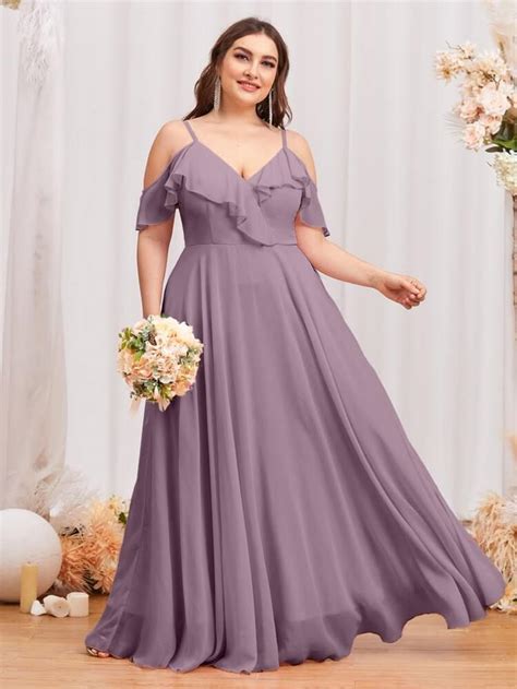 Plus Chiffon Cold Shoulder Ruffle Trim Maxi Prom Dress Vestidos De