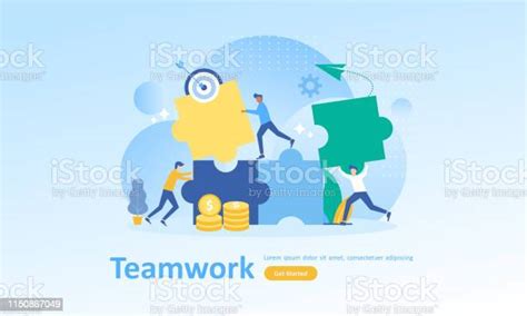 팀 작업 파트너십 리더십 개념 웹 방문 페이지 Ui 모바일 앱 배너 템플릿에 적합 한 퍼즐 요소를 연결 하는 사람들 벡터 일러스트 개념에 대한 스톡 벡터 아트 및 기타