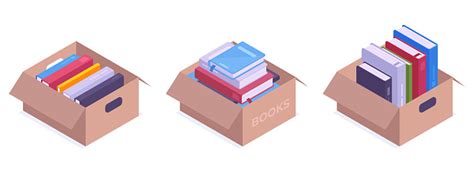 골판지 상자에 아이소 메트릭 책 책 기증 백과사전 및 교과서 스택 소설 판타지 또는 교육 문학 3d 벡터 일러스트 레이 션 세트