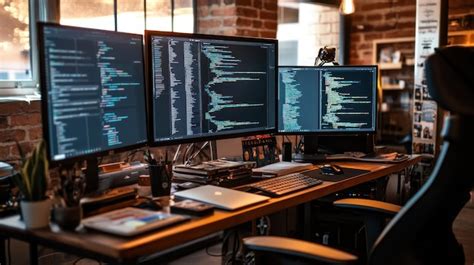 Workspace Setup With Triple Monitors And Code On Display Premium Ai