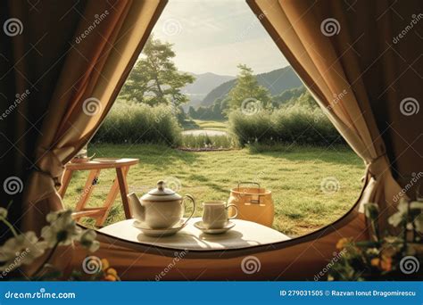 Tent View Where A Delightful Tea Setup Awaits Amidst A Breathtaking