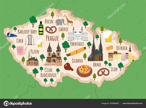 Kreslená Mapa České Republiky Cestovní Ilustrace Orientačními Body