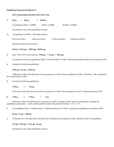 Worksheet 8 Equilibrium Calculations