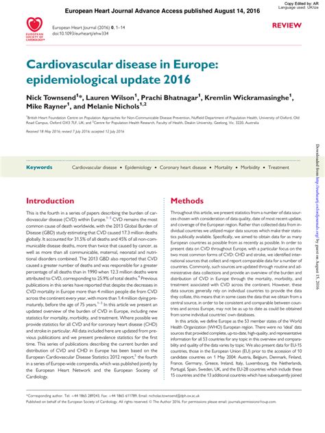 Pdf Cardiovascular Disease In Europe Epidemiological Update 2016