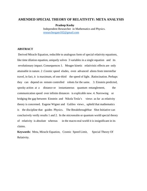 Pdf Amended Special Theory Of Relativity Meta Analysis