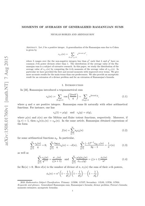Pdf Moments Of Averages Of Generalized Ramanujan Sums