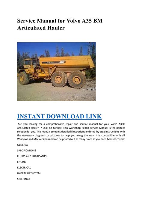 Service Manual For Volvo A35 Bm Articulated Hauler By Heavy