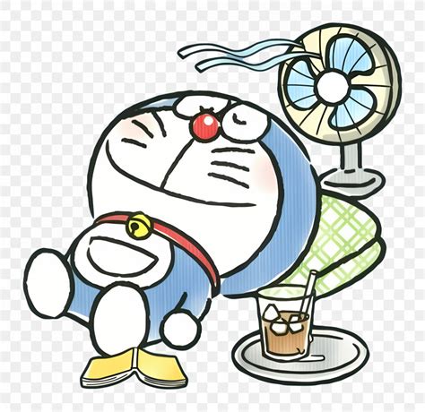 Doraemon Blue Cartoon Character Relaxing With A Fan Png 2336x2272px