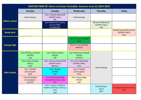 Pe Extra Curricular Timetable Sweyne Park School