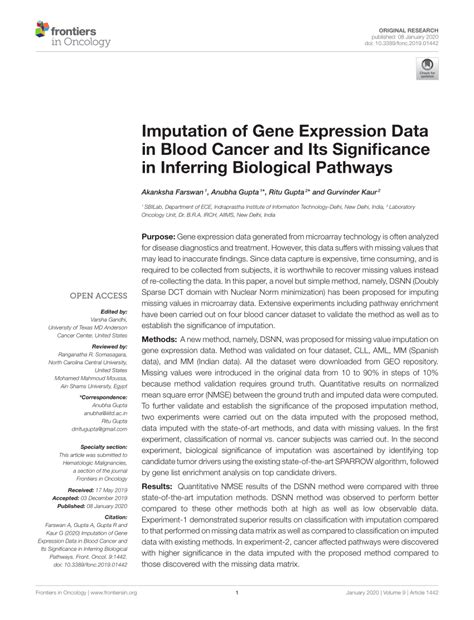 Pdf A Section Of The Journal Frontiers In Oncology Imputation Of Gene