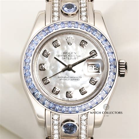 Rare Factory Rolex Lady Datejust Pearlmaster 80309 18k White Gold Blue