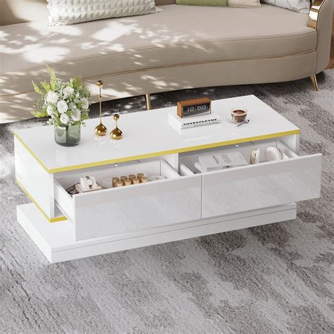 Table Basse Brillante Avec 2 Tiroirs De Rangement Blanche Et Dorée Pour Salon