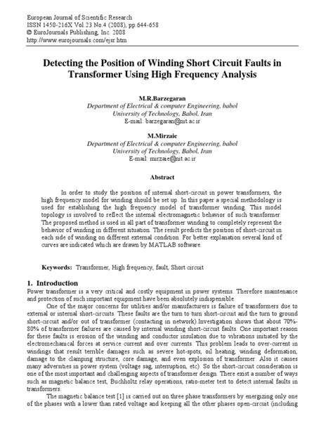 Pdf Detecting The Position Of Winding Short Circuit Faults In Ejsr23