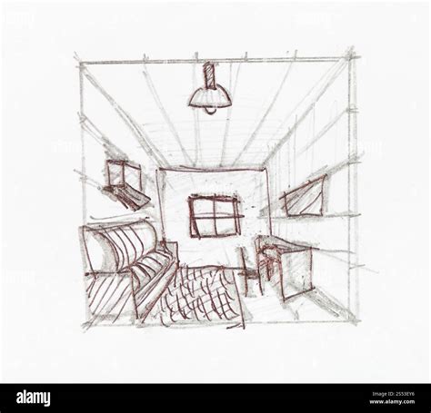 Convergence Of Perspective Lines In Domestic Room Hand Drawn By Black