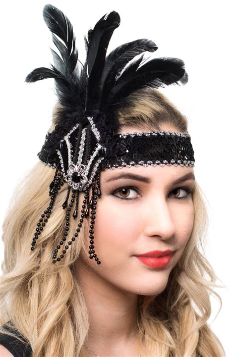 Black And Silver Flapper Headband Black Headband With Feathers