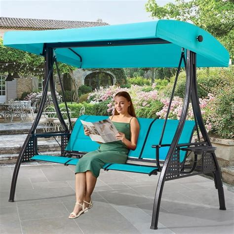 3 Seat Patio Swing Outdoor Swing With Textilene Backrest And 2 Cup
