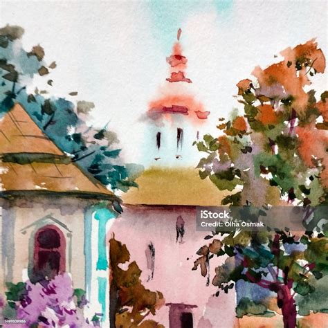 수채화 다채로운 밝은 질감의 추상적인 배경 수제 풍경화 수도원 건물의 역사적인 정교회 단지 0명에 대한 스톡 벡터 아트 및 기타 이미지 Istock